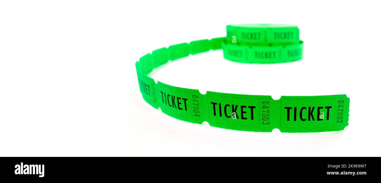 Roll of green tickets connected together for admission or entrance to ...