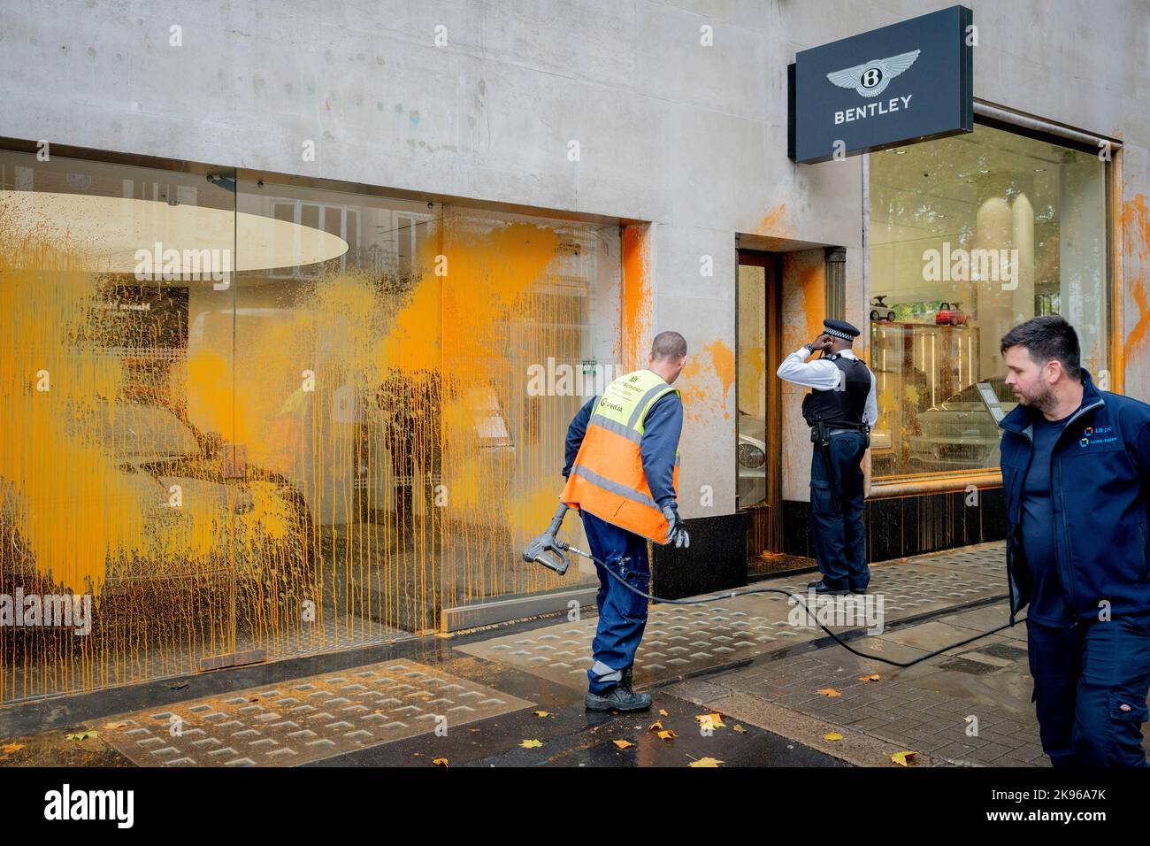 The aftermath of a targeted dye attack on the front windows of Bentley ...