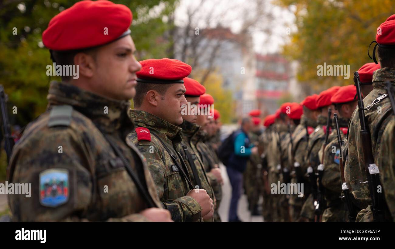 A row of soldiers of a military parade in memory of Bulgarian heroes in ...