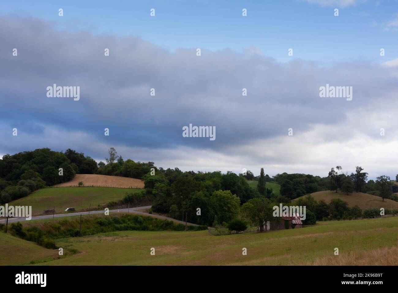 Real Panorama Landscape of hills at cloudy sky along the Chemin du Puy ...