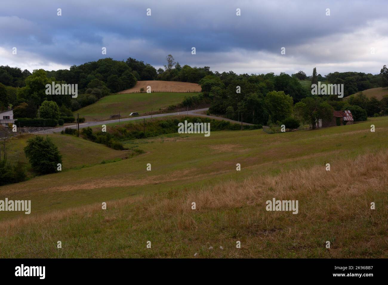 Real Panorama Landscape of hills at cloudy sky along the Chemin du Puy ...