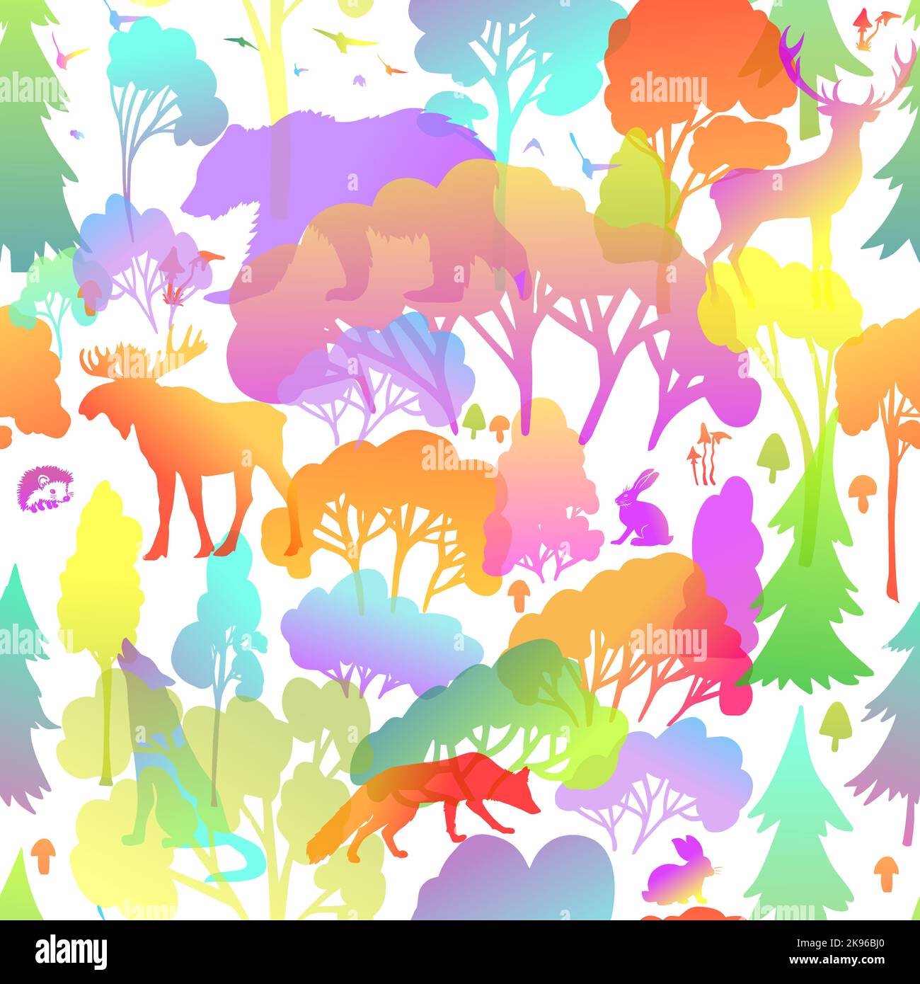 Seamless pattern with cute forest animals. Colored trees and beasts ...