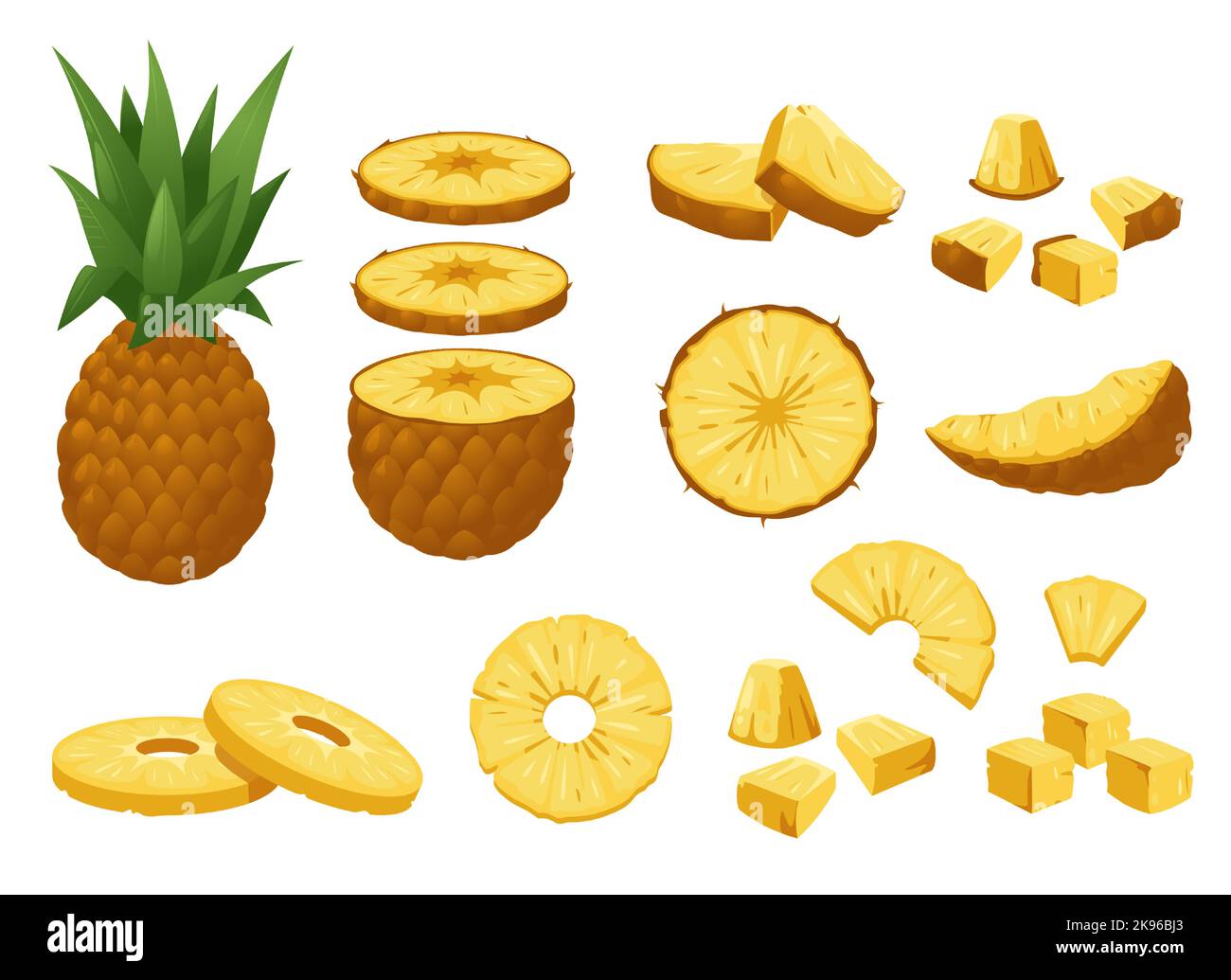 Pineapple set. Tropical fresh whole and peeled fruit pieces, cartoon ...