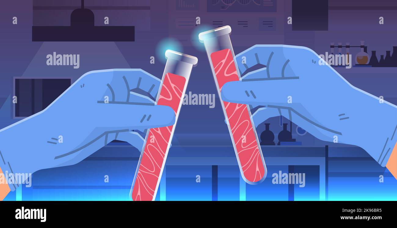 scientist hands holding test tubes with cultured red raw meat made from ...