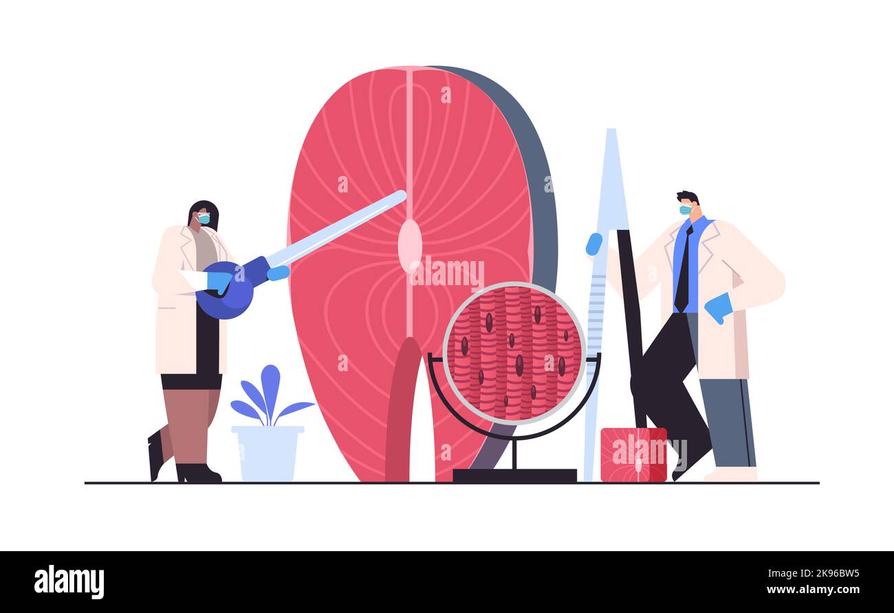 scientists analyzing cultured red raw fish meat made from animal cells ...