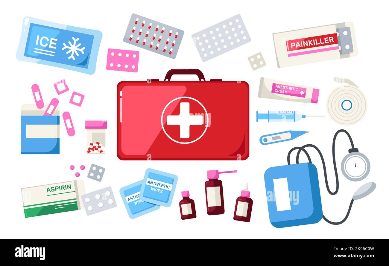 First aid kit. Medical emergency bag with medicine and tools, doctor ...