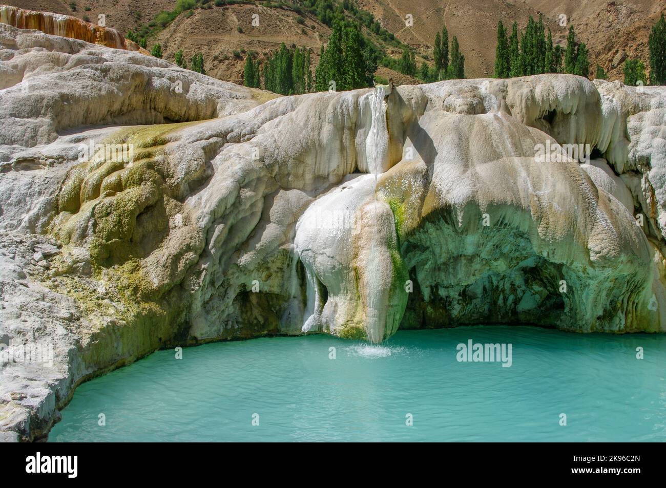 Landscape view of Garm Chashma thermal hot springs turquoise pool in ...