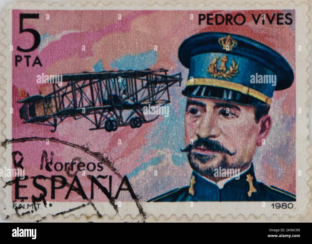 Photo of a Spanish postage stamp with a portrait of Pedro Vives and ...
