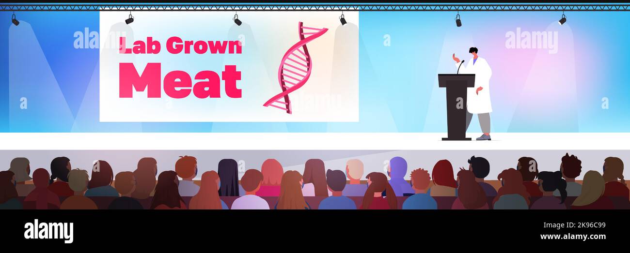 scientist giving speech at tribune cultured red raw meat made from ...