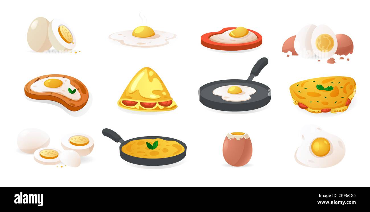 Cooked eggs. Raw boiled fried stuffed baked meal scrambled omelette poached, cartoon organic ...