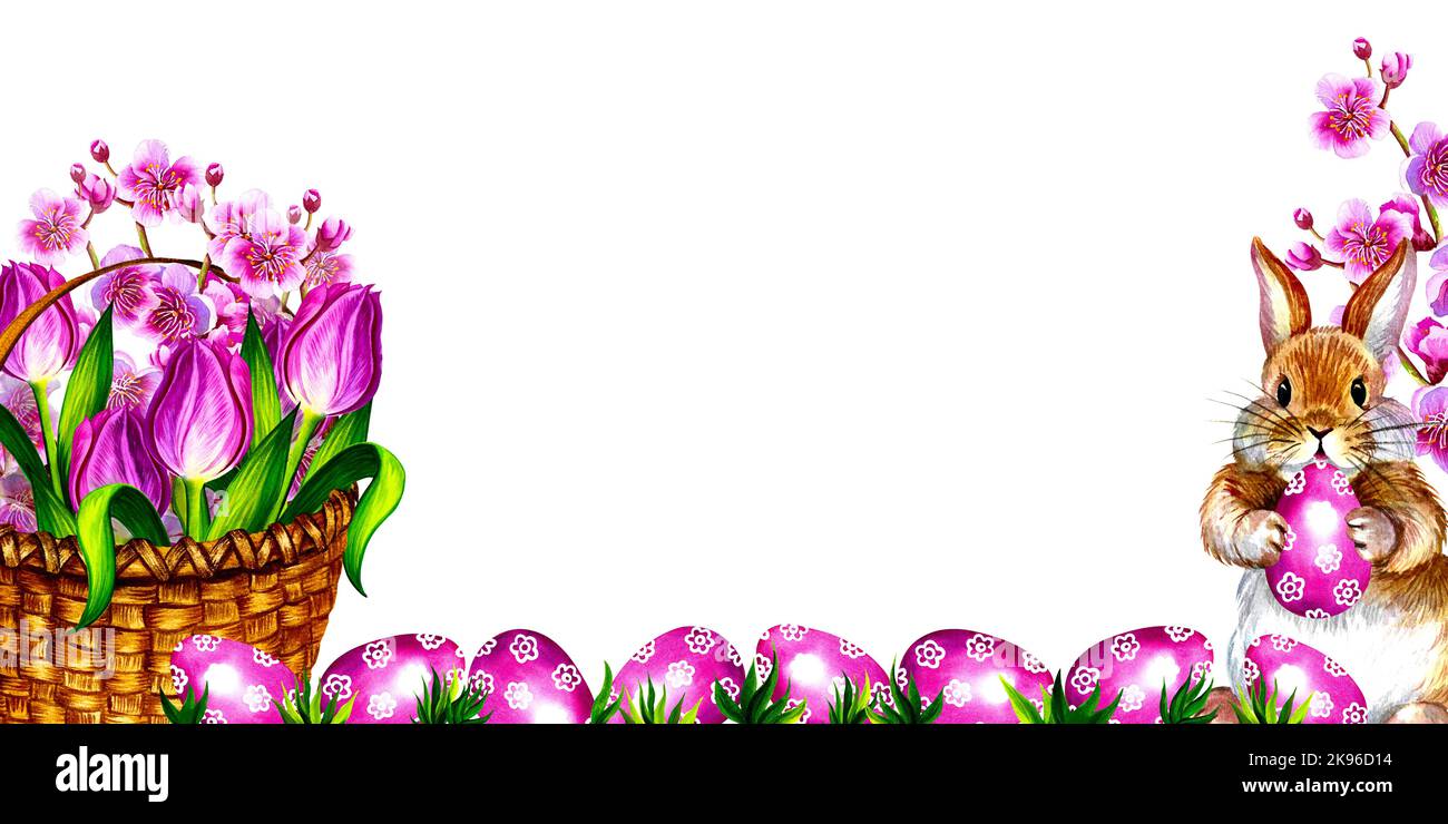 Easter composition banner with bunny, basket and flowers. Isolate on ...