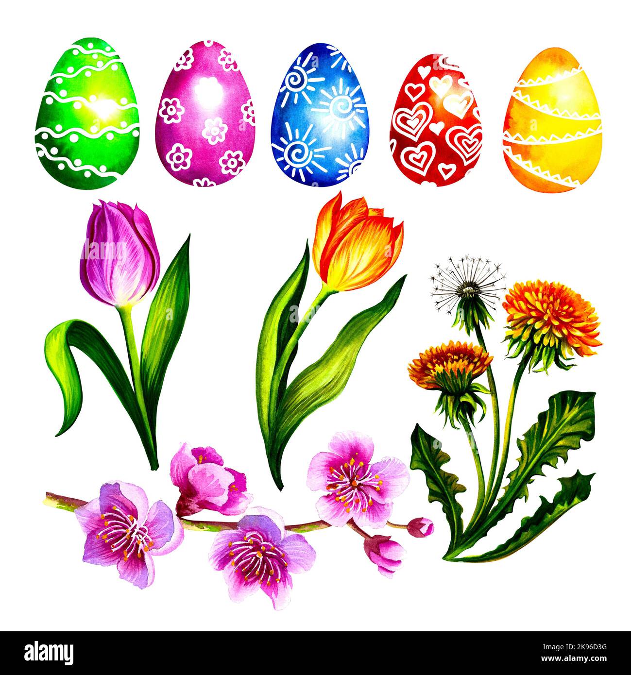 Easter spring set with colored eggs and spring flowers. Isolate on ...