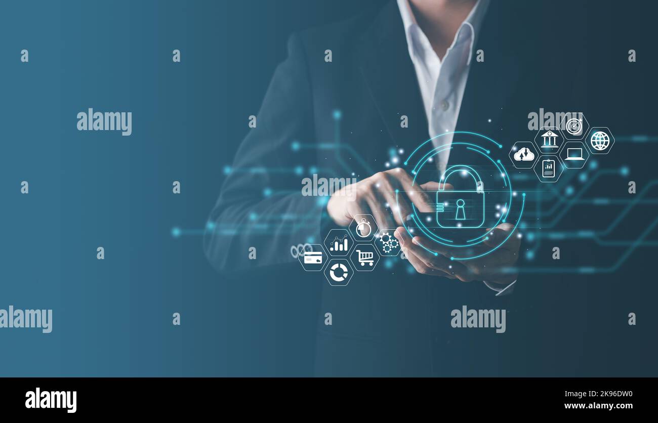 Man touching security scanning of digital programs. Surveillance of ...