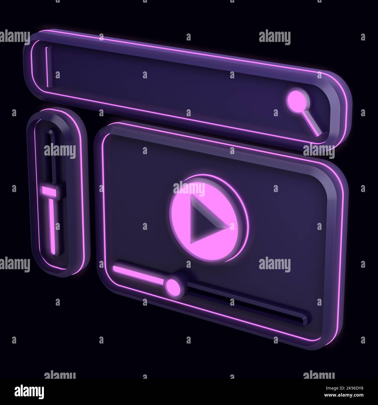 dark 3d video player icon with neon lines with search bar isolated on black. 3d rendering Stock ...