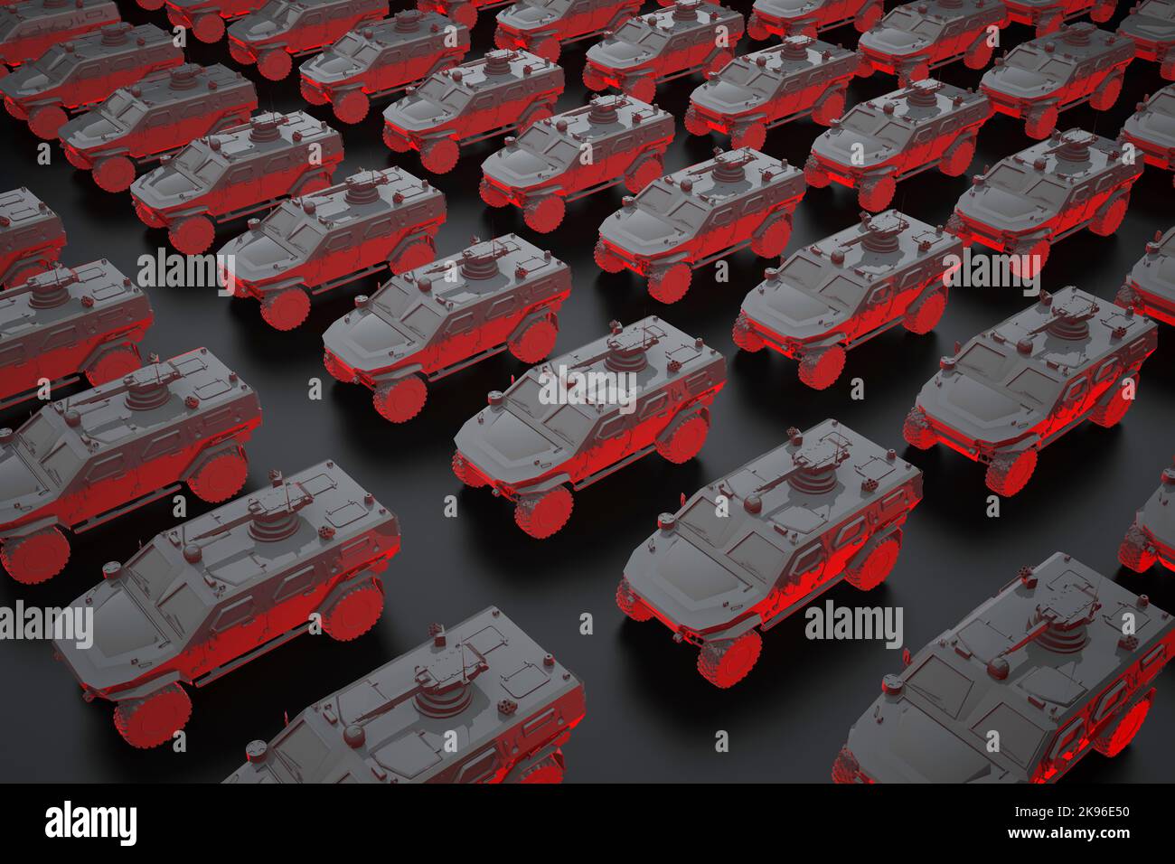 group of black armored personnel carriers above view. 3d rendering ...