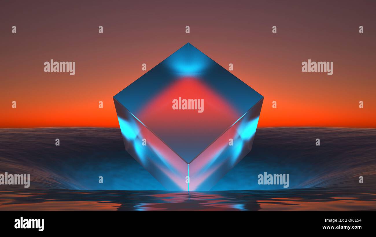 glass cube in the sea hole at sunset. 3d rendering Stock Photo - Alamy
