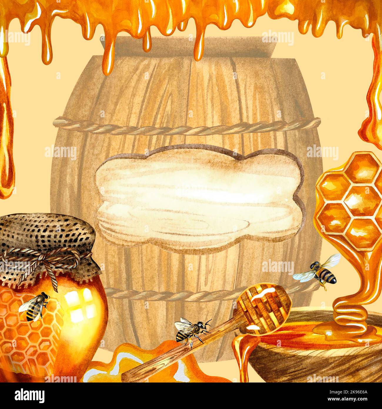 Honey. Frame label on the theme of honey. With a wooden barrel, bees ...