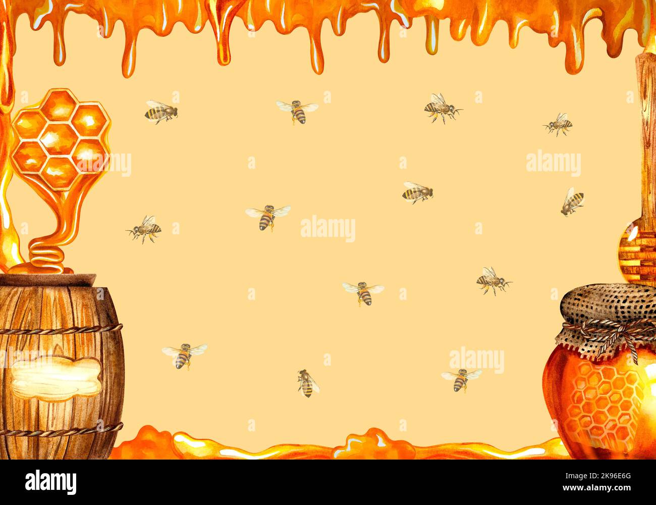 Honey. Design frame on the theme of honey. Watercolor illustration. For ...