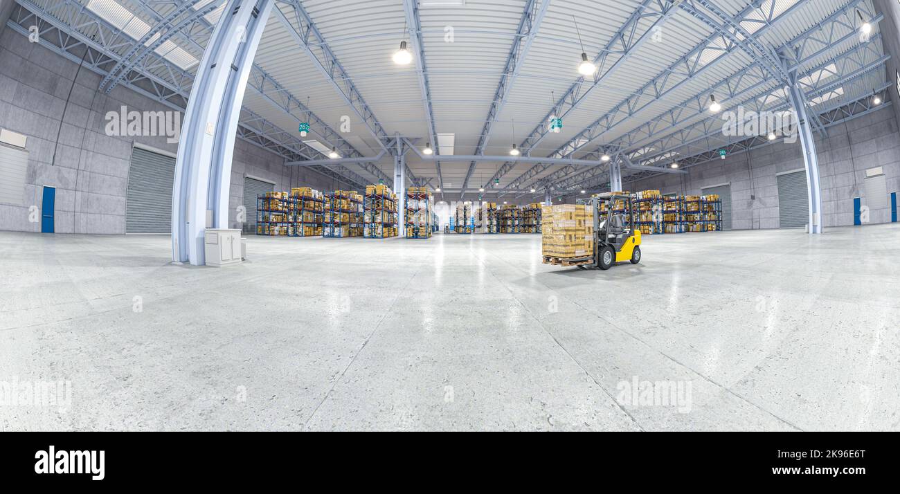 interior of a warehouse fisheye view. 3d render Stock Photo - Alamy