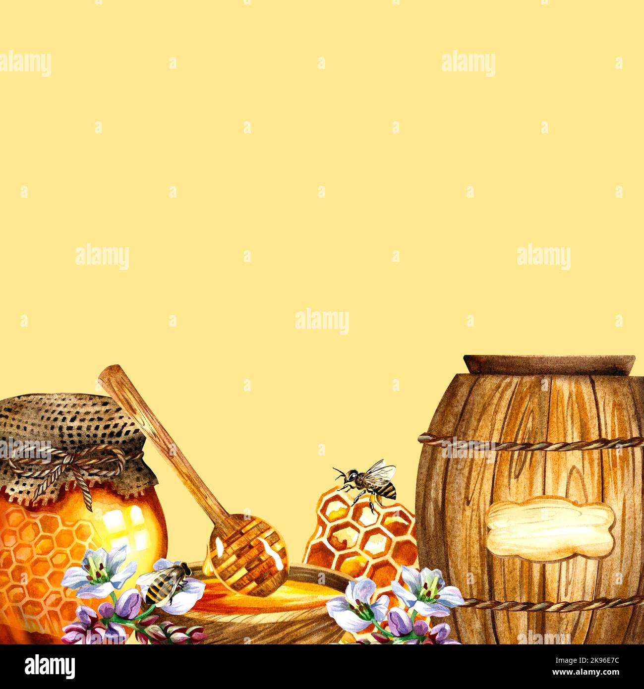 Honey banner with wooden barrel bees, honeycombs, buckwheat flowers. On ...