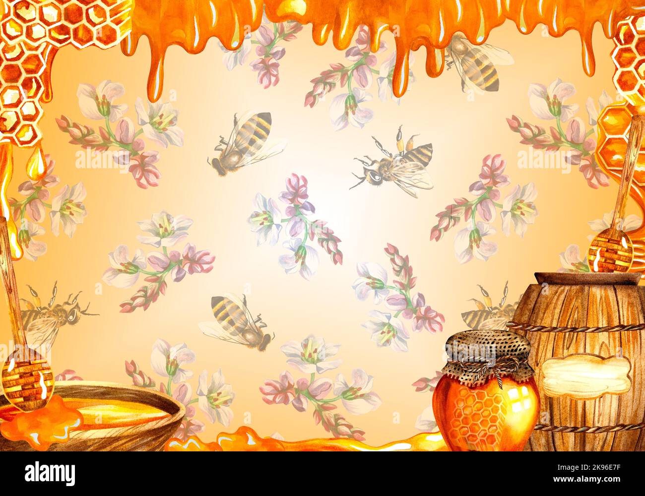 Honey. Design frame on the theme of honey. Watercolor illustration. For ...