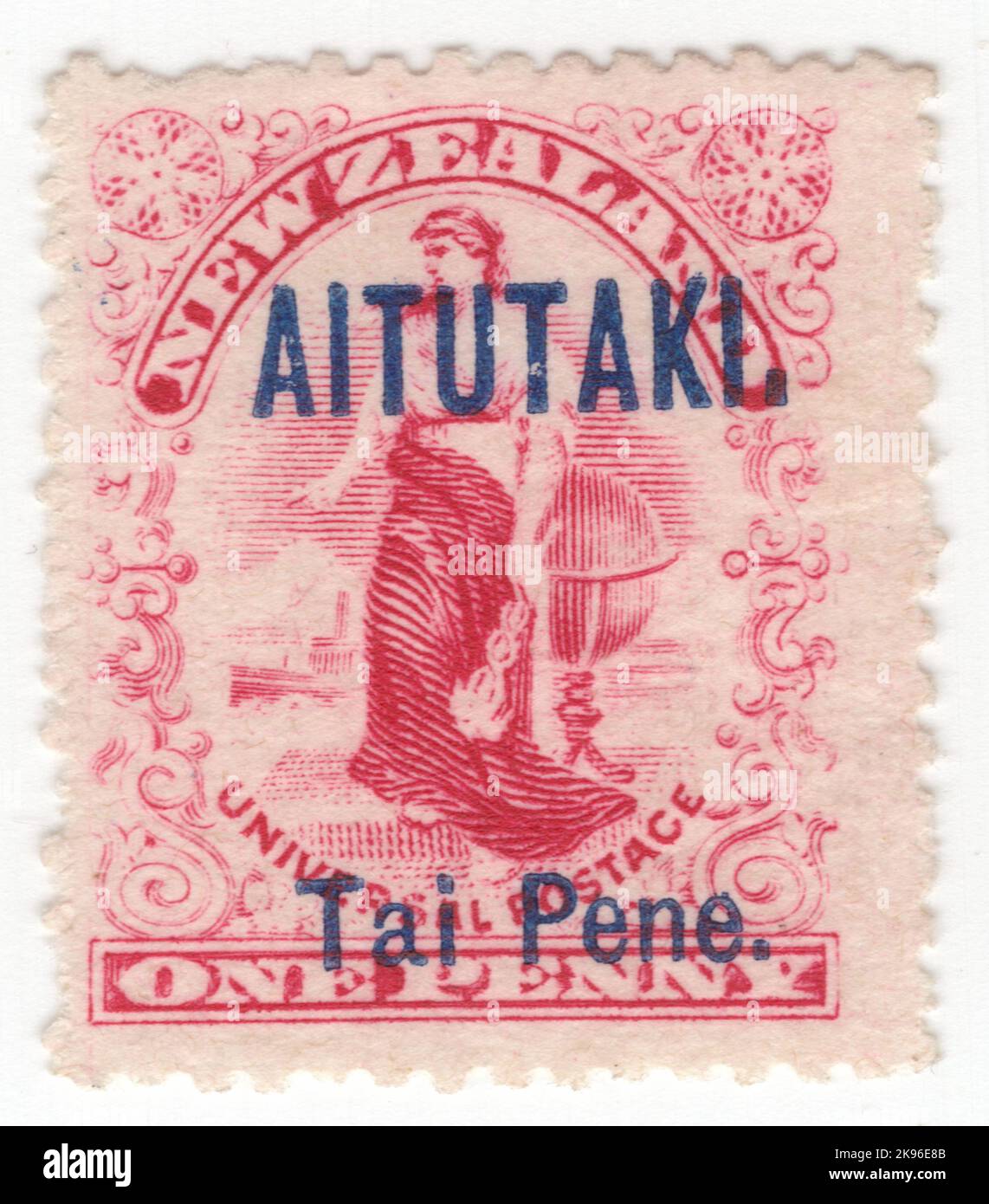 AITUTAKI - CIRCA 1903: An 1 pence rose carmine postage stamp depicting ...