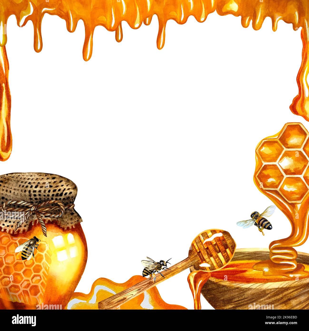 Honey. Frame on the theme of honey. With a wooden barrel, bees ...