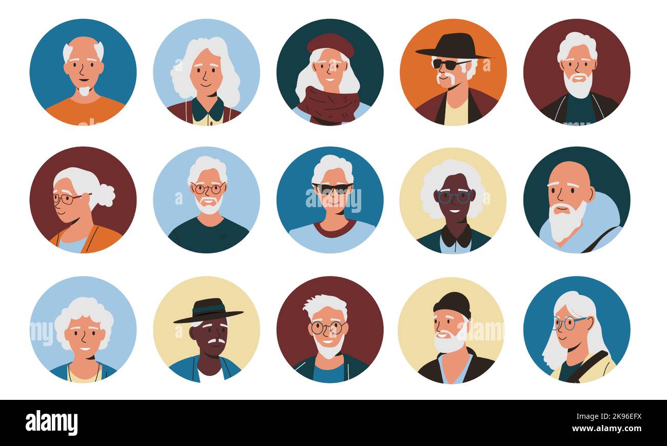 Senior people avatars. Cartoon older characters round icons, happy aged ...