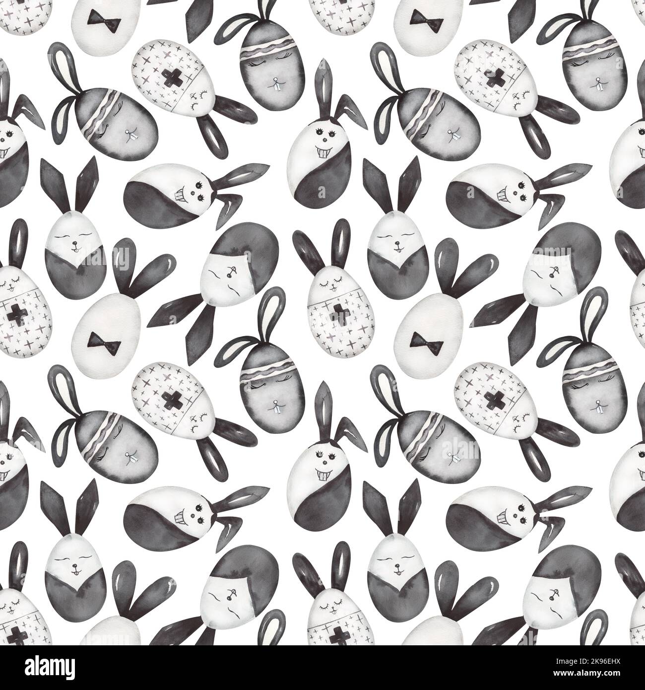 Watercolor hand drawn cute abstract Happy Easter bunny, eggs ...