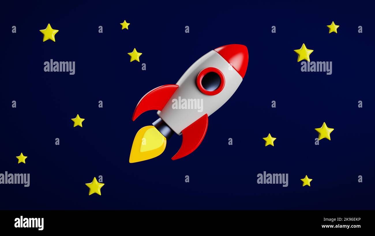 Small cartoon rocket flying up in space filled with stars. 3d rendering ...