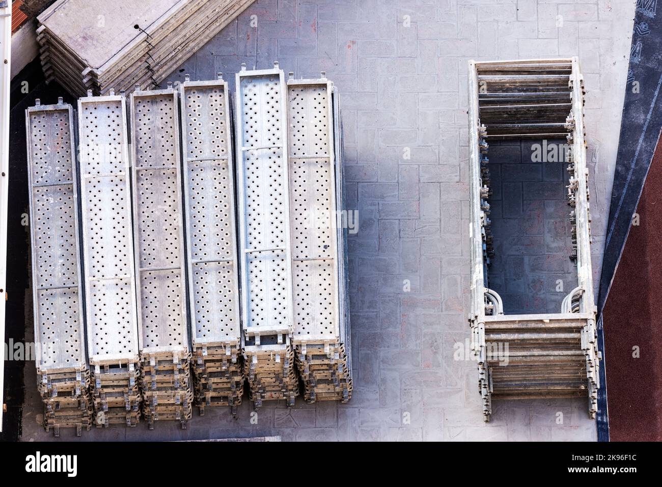 Disassembled construction scaffold on the ground in Barcelona ...