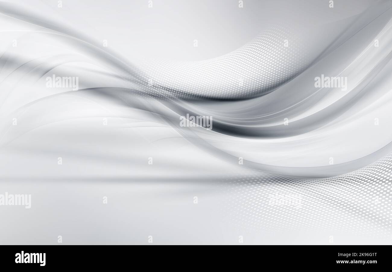 White grey perspective flow waves with halftone dots effect background ...