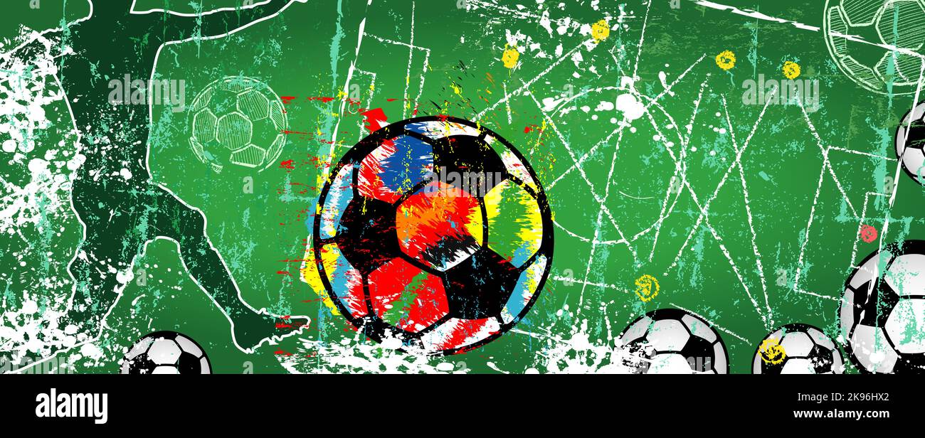 grungy soccer or football illustration with goal getter, soccer ball ...