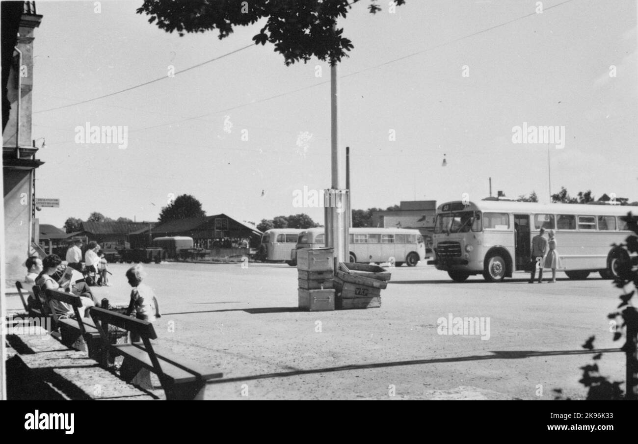 Bus square at Visby harbor station. The picture shows SJ rail buses ...