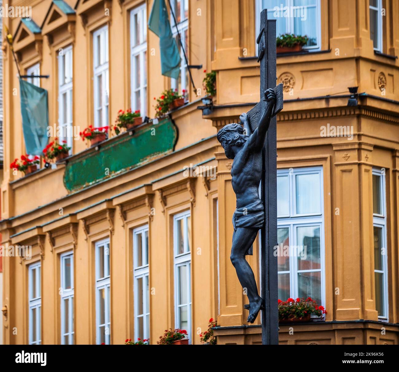 Jesus Christ statue outdoors on building background in Krumlov Stock ...