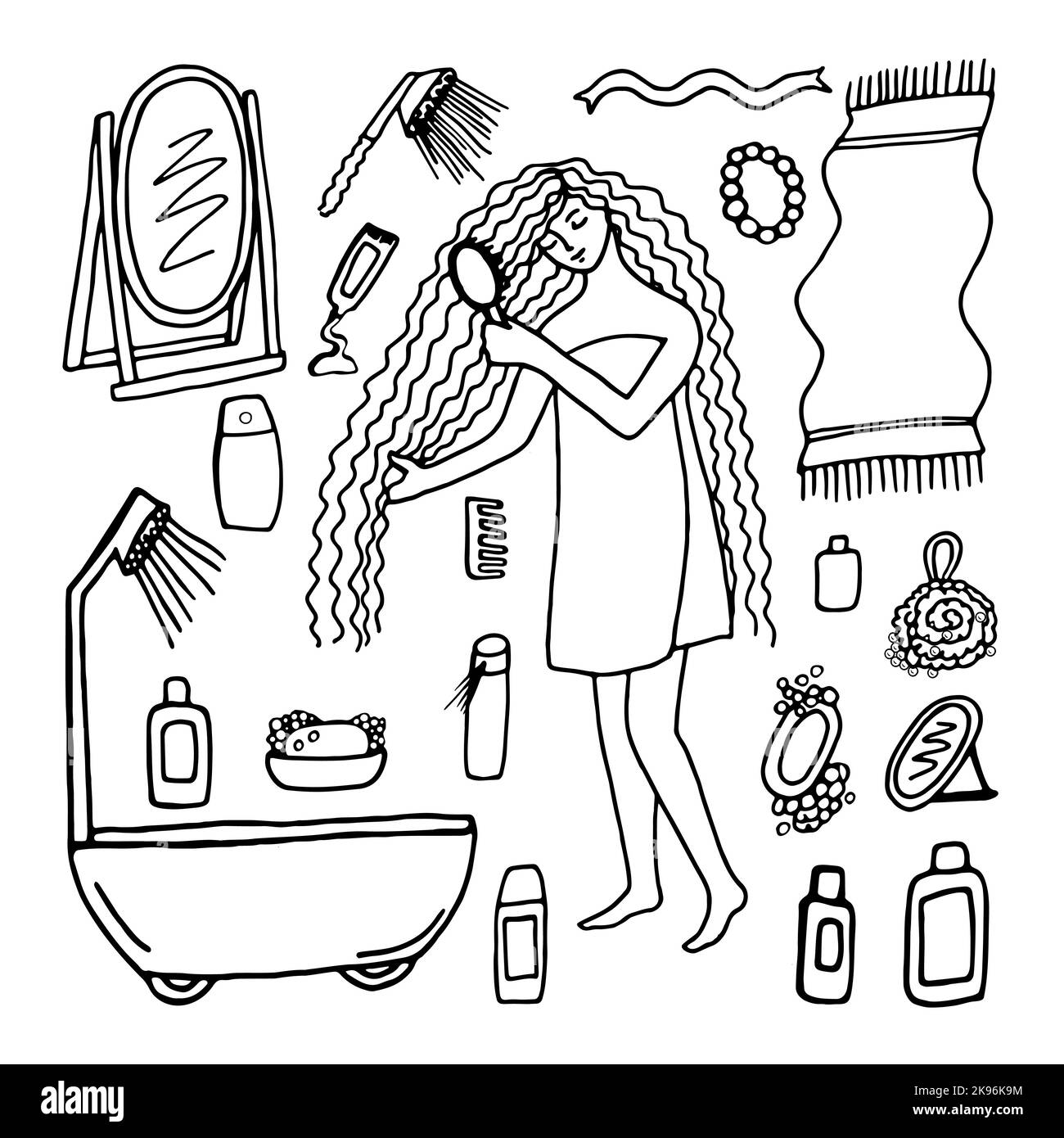 Beauty and care. Black and white doodle drawing. Girl combing her hair ...