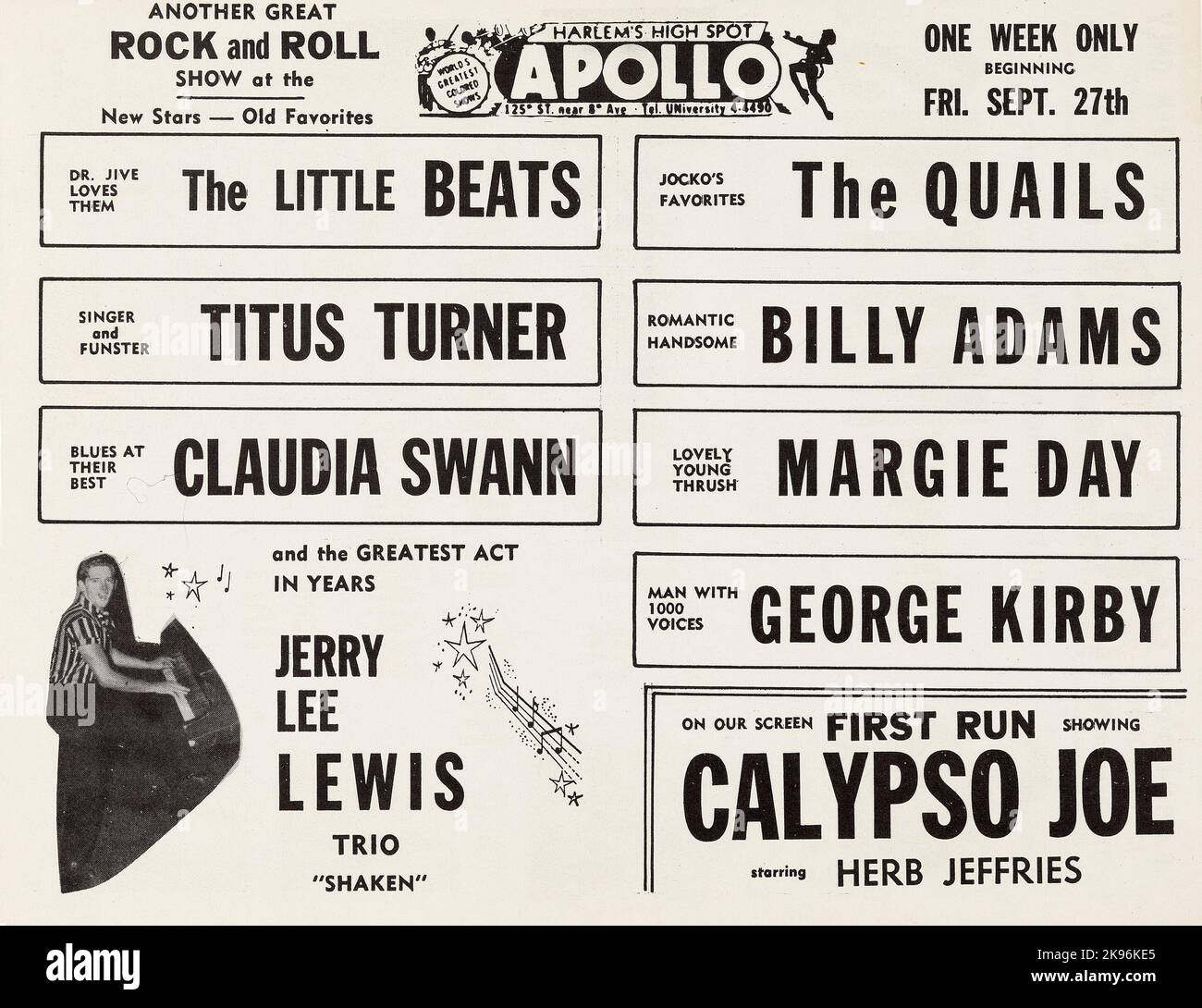 Jerry Lee Lewis, Johnny Mathis 1957 Apollo Theatre, Harlem, New York ...