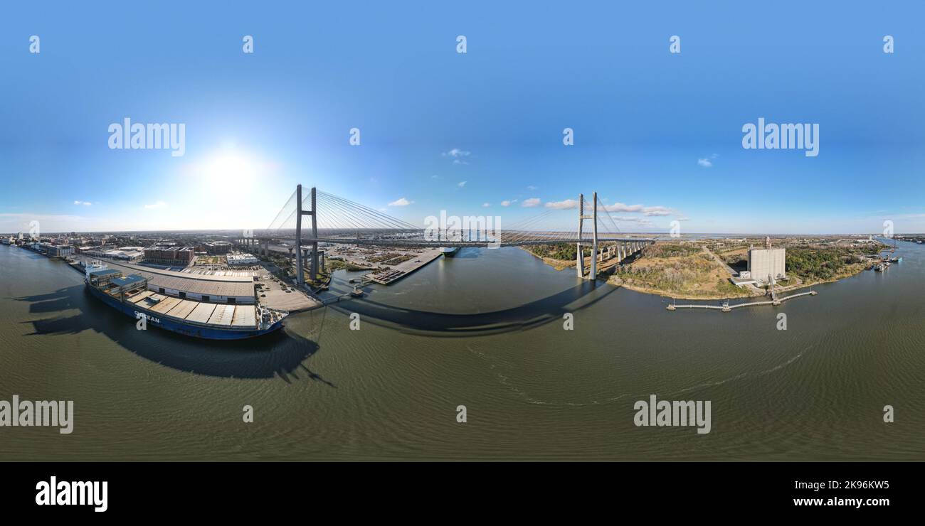 A wide angle shot of the Talmadge Bridge crossing the Savannah River in ...
