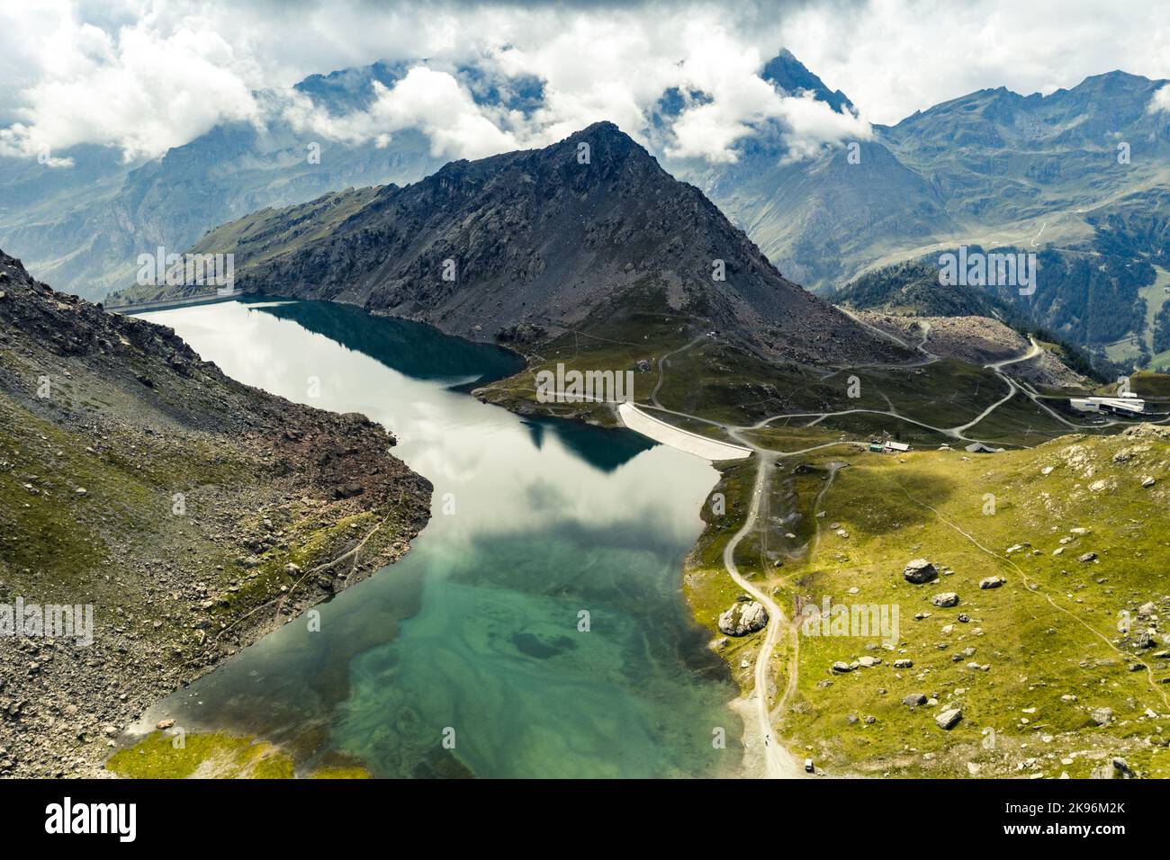 Aerial view of lake between mountains Stock Photo - Alamy