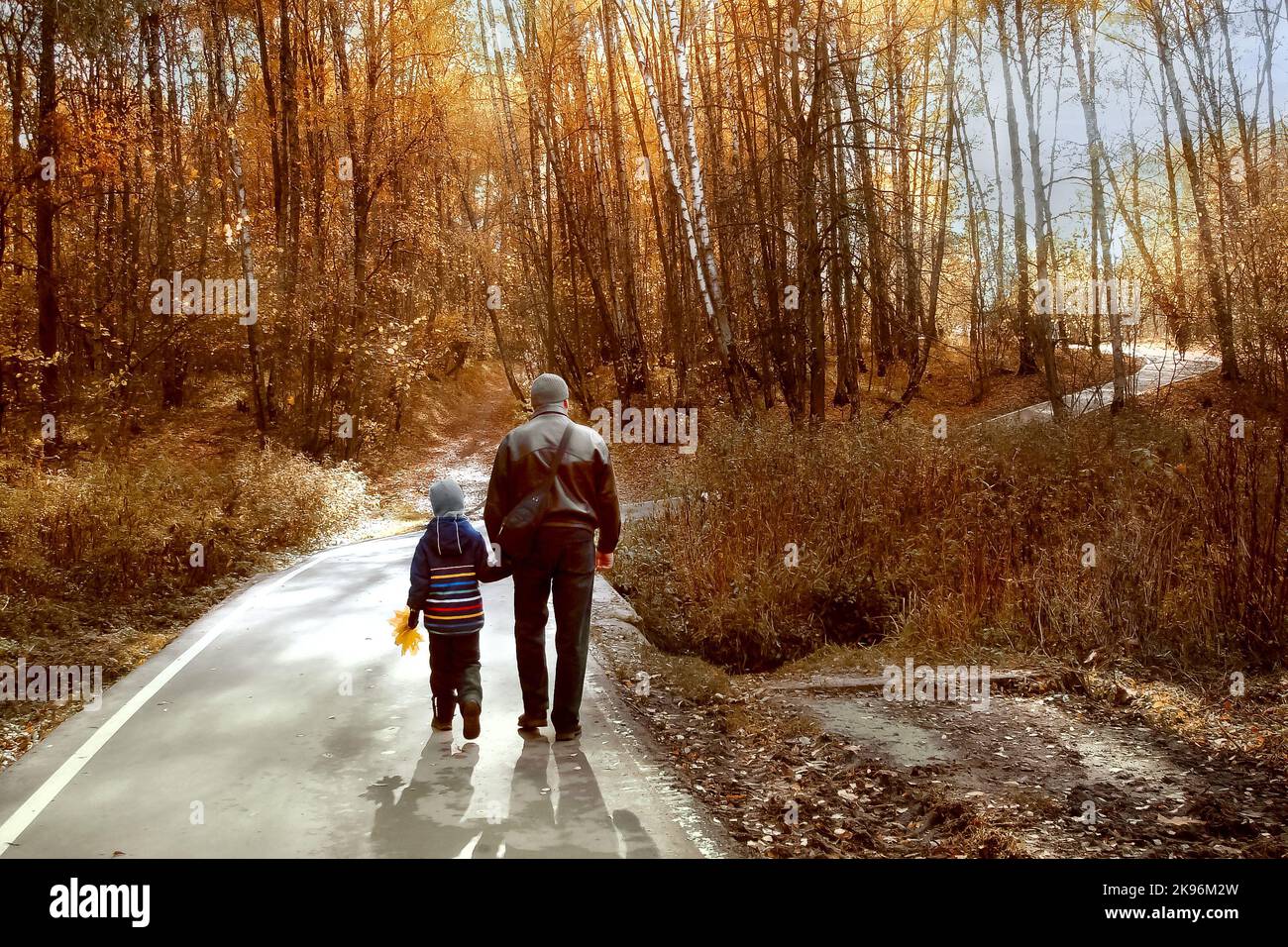 Father and son are walking in the autumn forest. Happy childhood ...