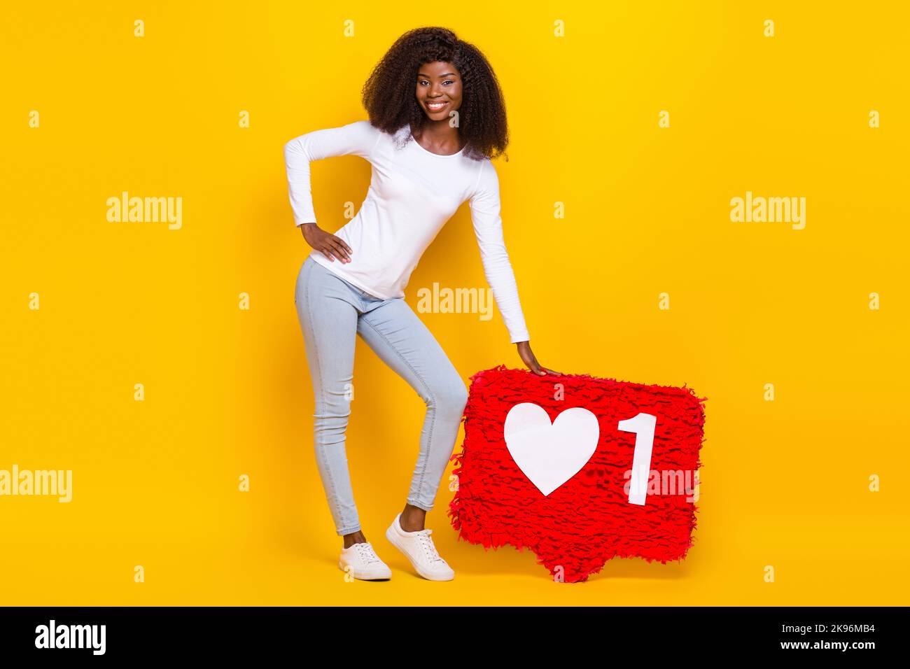 Full size portrait of charming positive girl put arm waist big like ...