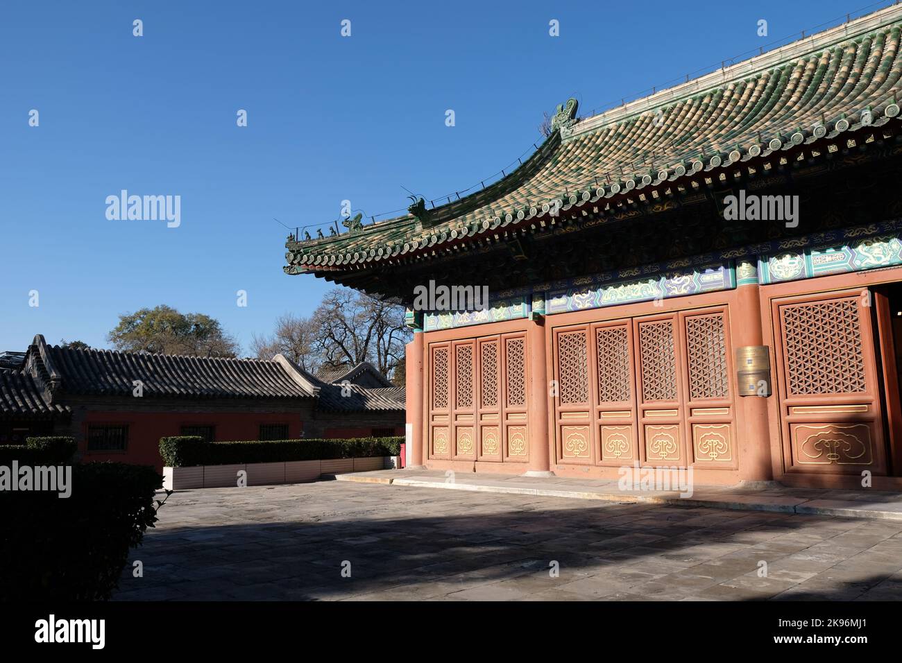 The exterior of the Temple of Agriculture, Beijing, China with its red ...