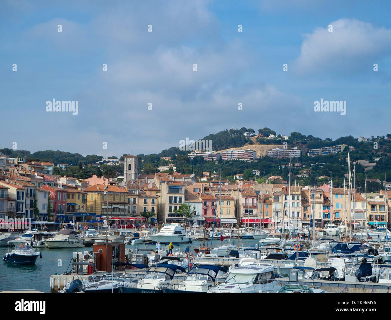 Cassis, France - May 18th 2022: View over the old harbour towards the ...