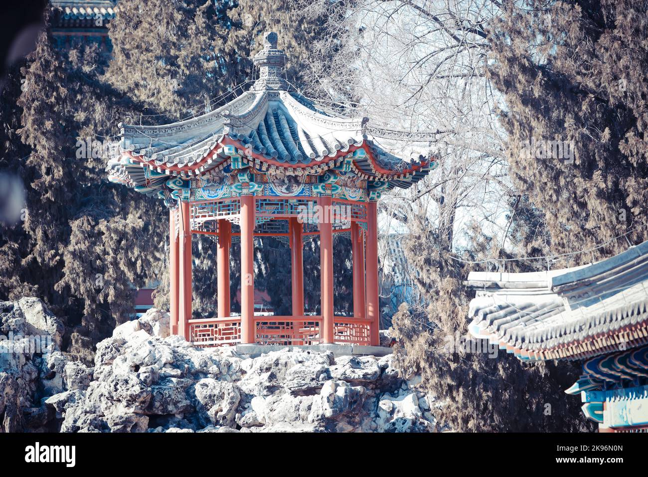 A narrow bridge over the water in the Beihai Park in Beijing, China on ...