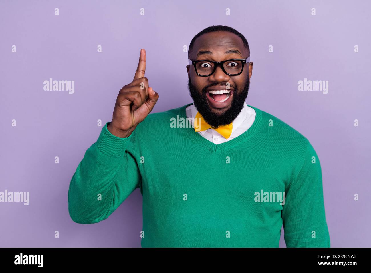 Portrait of smart clever person point finger excellent brilliant ...