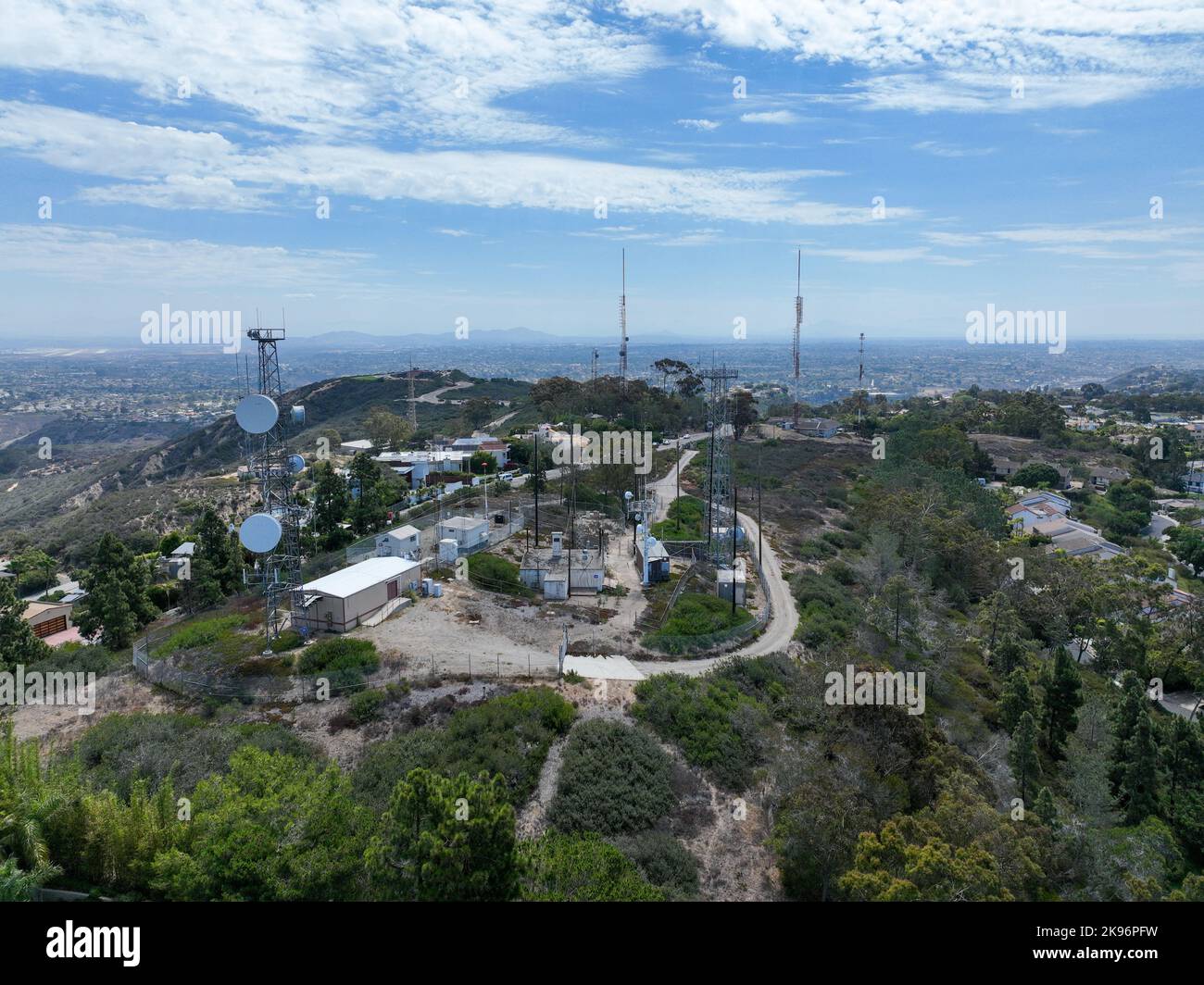 Aerial view of telecommunication tower with 5G cellular network antenna ...