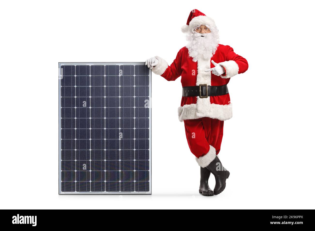 Santa claus leaning on a solar panel isolated on white background Stock ...