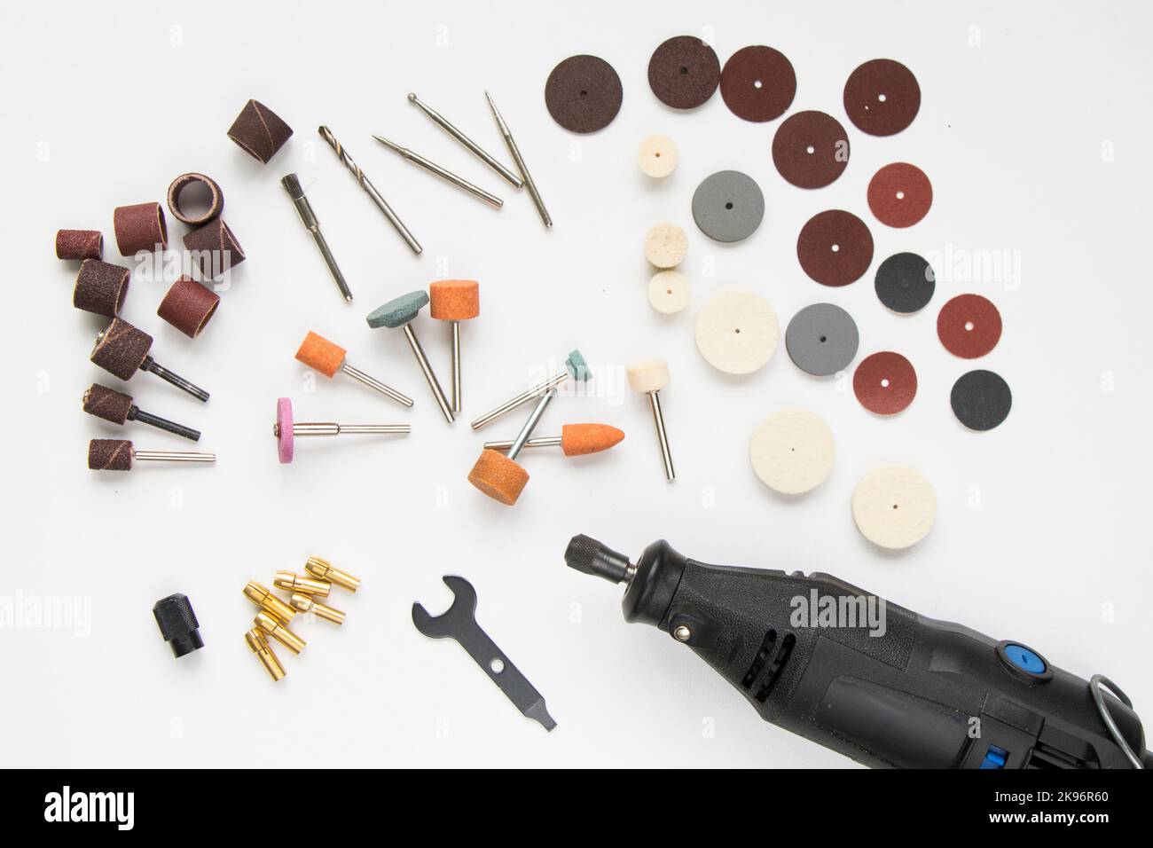 Dremel rotary kit, dremel heads, instrument for handwork on white ...