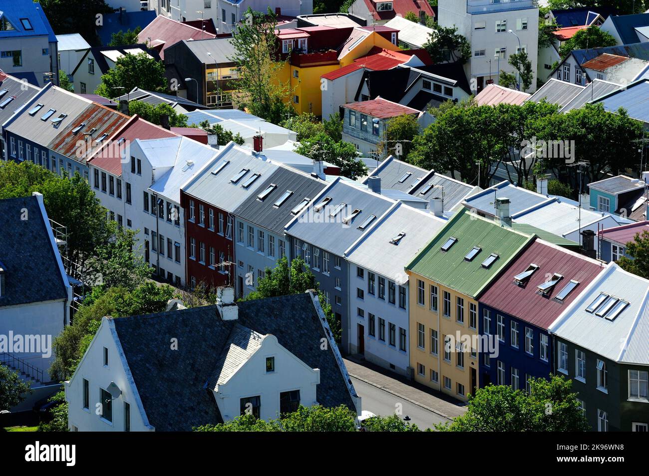 An aerial view of an urban residential area with colorful houses in ...