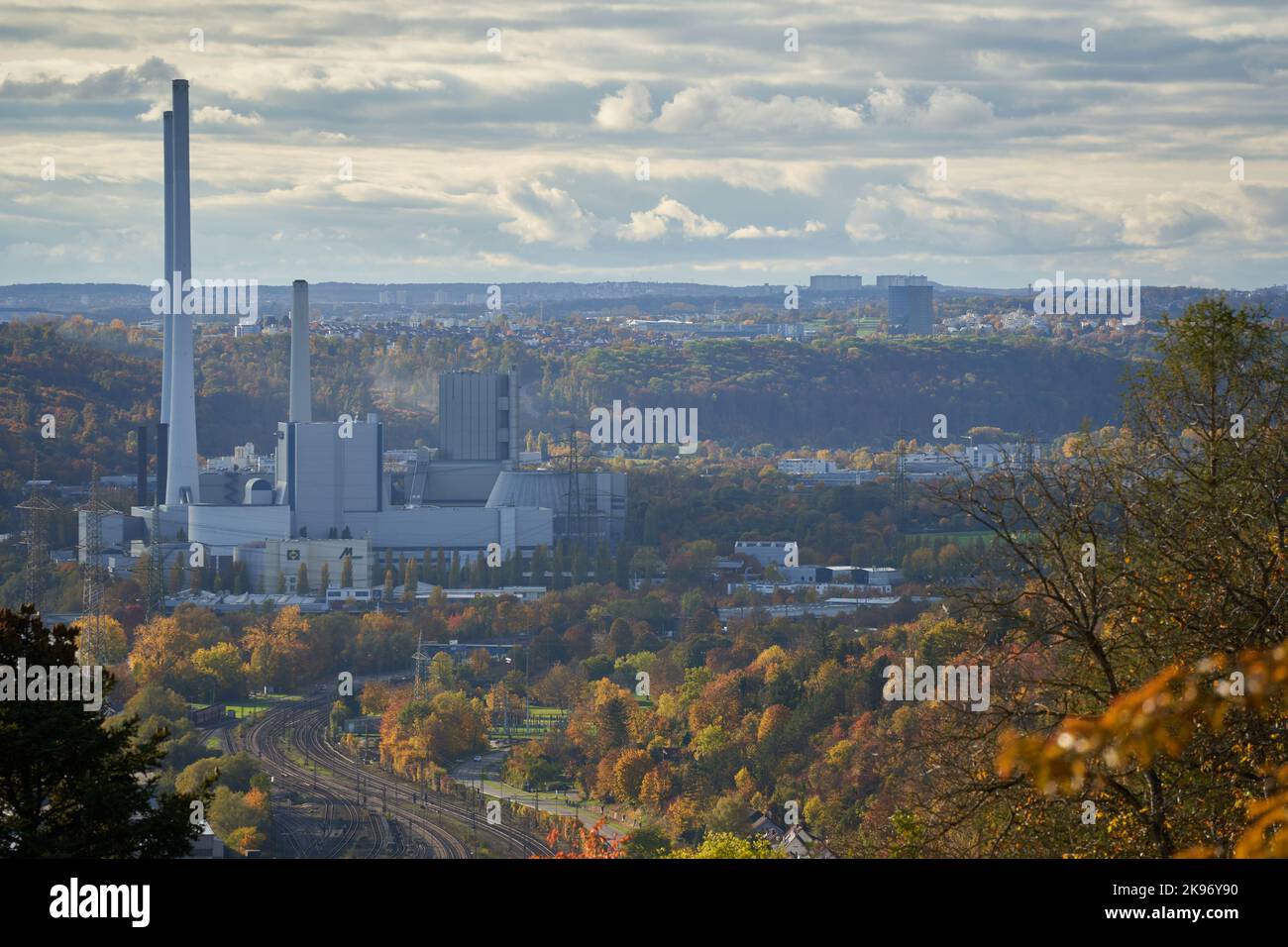 An aerial view of an industrial factory in rural Deizisau, Altbach ...